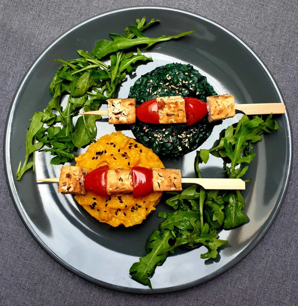 VeggieMood | Brochettes de tofu caramélisé et ses deux purées